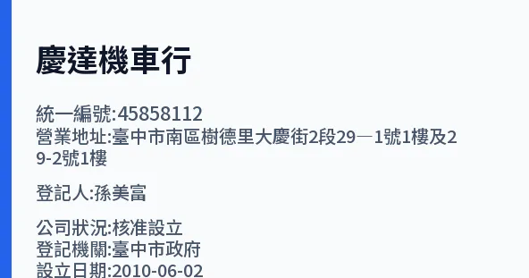 慶達機車行的照片-統編 45858112(臺中市) 公司登記資料與營業項目詳細圖表
