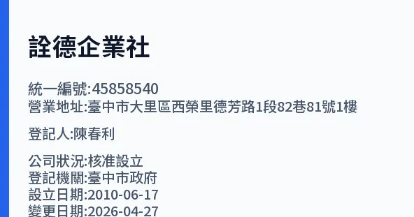 詮德企業社的照片-統編 45858540(臺中市) 公司登記資料與營業項目詳細圖表