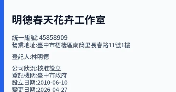 明德春天花卉工作室的照片-統編 45858909(臺中市) 公司登記資料與營業項目詳細圖表
