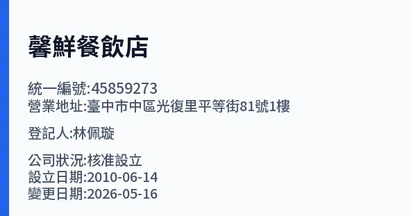 馨鮮餐飲店的照片-統編 45859273(臺中市) 公司登記資料與營業項目詳細圖表