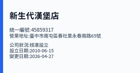 新生代漢堡店的照片-統編 45859317(臺中市) 公司登記資料與營業項目詳細圖表