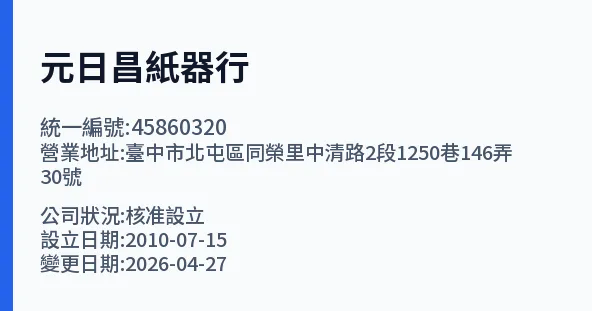 元日昌紙器行的照片-統編 45860320(臺中市) 公司登記資料與營業項目詳細圖表
