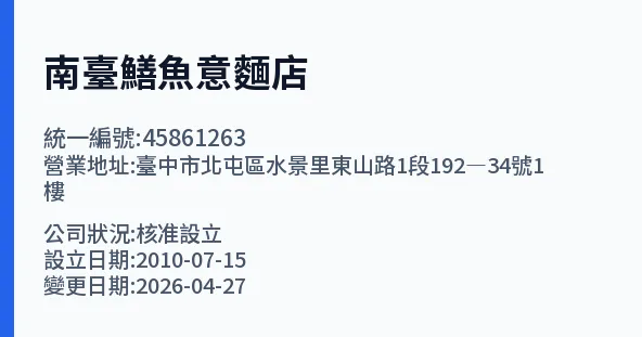 南臺鱔魚意麵店的照片-統編 45861263(臺中市) 公司登記資料與營業項目詳細圖表