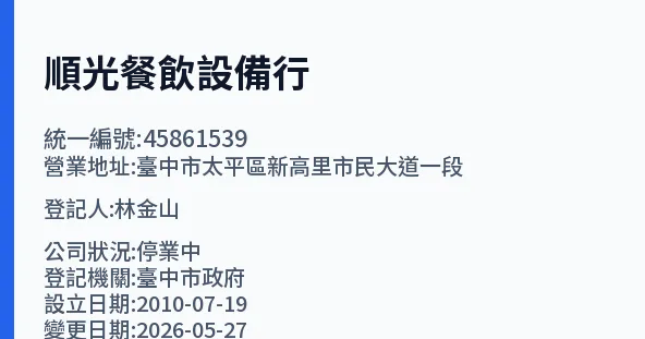 順光餐飲設備行的照片-統編 45861539(臺中市) 公司登記資料與營業項目詳細圖表
