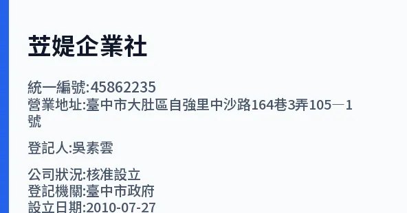 苙媞企業社的照片-統編 45862235(臺中市) 公司登記資料與營業項目詳細圖表