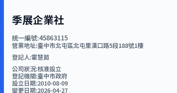 季展企業社的照片-統編 45863115(臺中市) 公司登記資料與營業項目詳細圖表