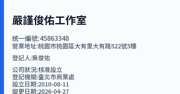 嚴謹俊佑工作室的照片-統編 45863348(桃園市) 公司登記資料與營業項目詳細圖表