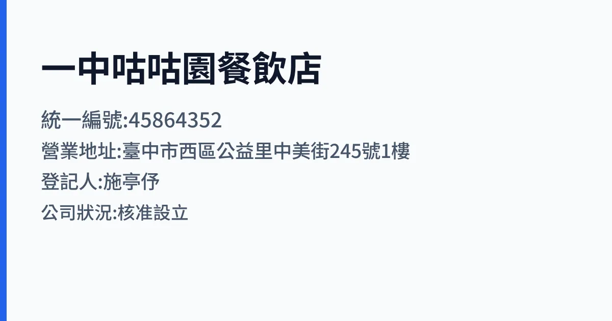 一中咕咕園餐飲店 - 統編 45864352(臺中市) 公司登記資料與營業項目詳細圖表