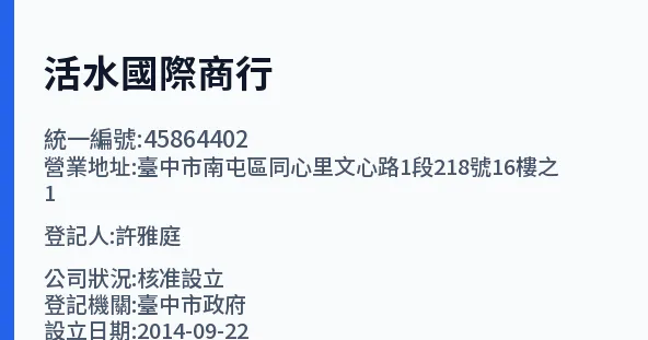 活水國際商行的照片-統編 45864402(臺中市) 公司登記資料與營業項目詳細圖表