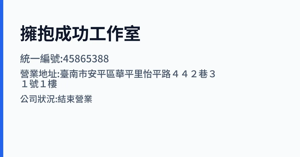 擁抱成功工作室 - 統編 45865388（臺南市） 公司登記資料與營業項目詳細圖表