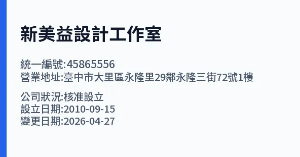 新美益設計工作室的照片-統編 45865556(臺中市) 公司登記資料與營業項目詳細圖表