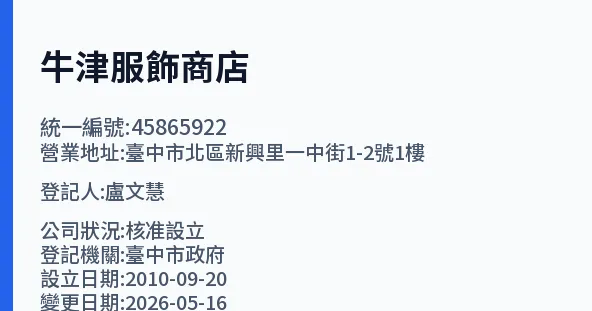 牛津服飾商店的照片-統編 45865922(臺中市) 公司登記資料與營業項目詳細圖表