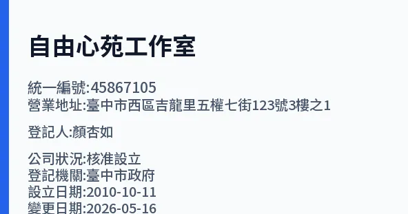 自由心苑工作室的照片-統編 45867105(臺中市) 公司登記資料與營業項目詳細圖表