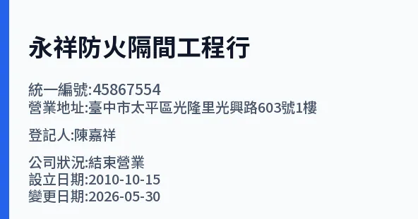 永祥防火隔間工程行的照片-統編 45867554(臺中市) 公司登記資料與營業項目詳細圖表