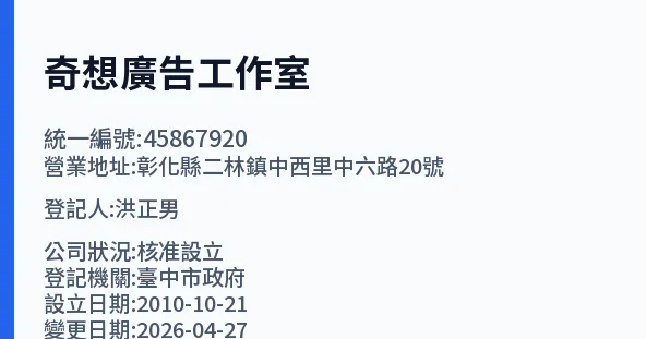 奇想廣告工作室的照片-統編 45867920(彰化縣) 公司登記資料與營業項目詳細圖表
