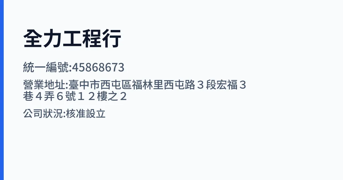 全力工程行 - 統編 45868673(臺中市) 公司登記資料與營業項目詳細圖表