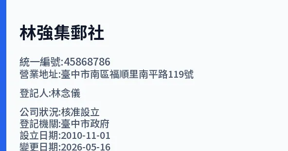 林強集郵社的照片-統編 45868786(臺中市) 公司登記資料與營業項目詳細圖表