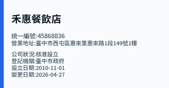 禾惠餐飲店的照片-統編 45868836(臺中市) 公司登記資料與營業項目詳細圖表