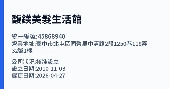 馥鎂美髮生活館的照片-統編 45868940(臺中市) 公司登記資料與營業項目詳細圖表