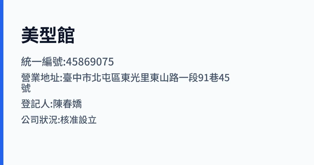 美型館 - 統編 45869075(臺中市) 公司登記資料與營業項目詳細圖表