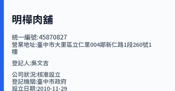明樺肉舖的照片-統編 45870827(臺中市) 公司登記資料與營業項目詳細圖表