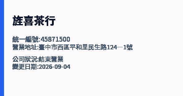 旌喜茶行的照片-統編 45871500(臺中市) 公司登記資料與營業項目詳細圖表