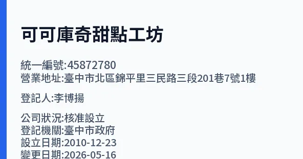 可可庫奇甜點工坊的照片-統編 45872780(臺中市) 公司登記資料與營業項目詳細圖表