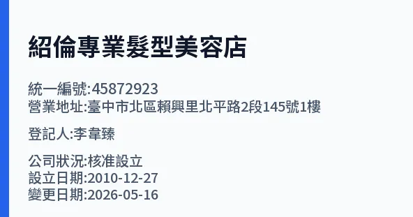 紹倫專業髮型美容店的照片-統編 45872923(臺中市) 公司登記資料與營業項目詳細圖表