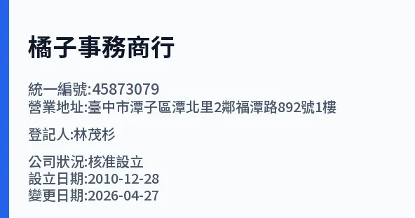 橘子事務商行的照片-統編 45873079(臺中市) 公司登記資料與營業項目詳細圖表
