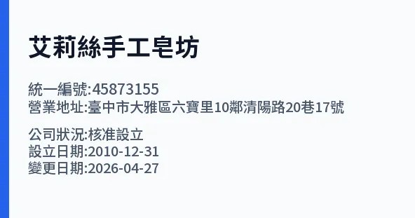 艾莉絲手工皂坊的照片-統編 45873155(臺中市) 公司登記資料與營業項目詳細圖表