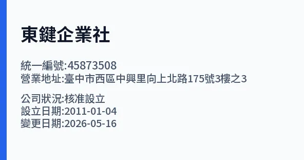 東鍵企業社的照片-統編 45873508(臺中市) 公司登記資料與營業項目詳細圖表