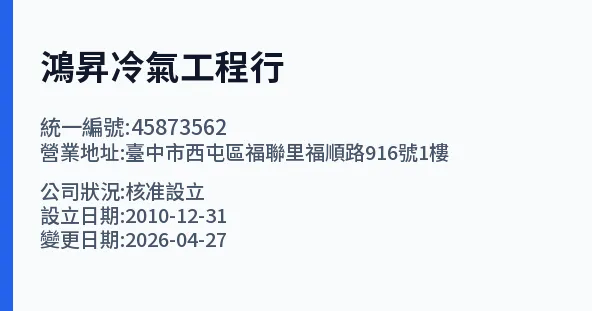 鴻昇冷氣工程行的照片-統編 45873562(臺中市) 公司登記資料與營業項目詳細圖表