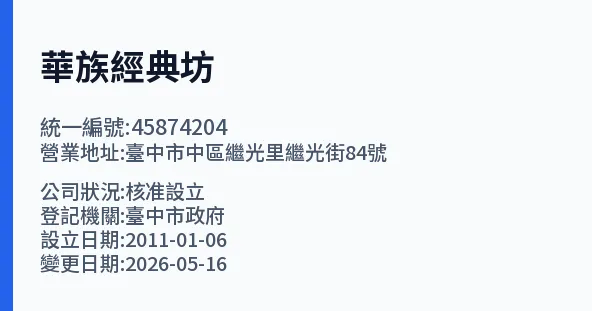 華族經典坊的照片-統編 45874204(臺中市) 公司登記資料與營業項目詳細圖表