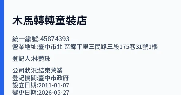 木馬轉轉童裝店的照片-統編 45874393(臺中市) 公司登記資料與營業項目詳細圖表