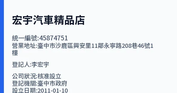 宏宇汽車精品店的照片-統編 45874751(臺中市) 公司登記資料與營業項目詳細圖表