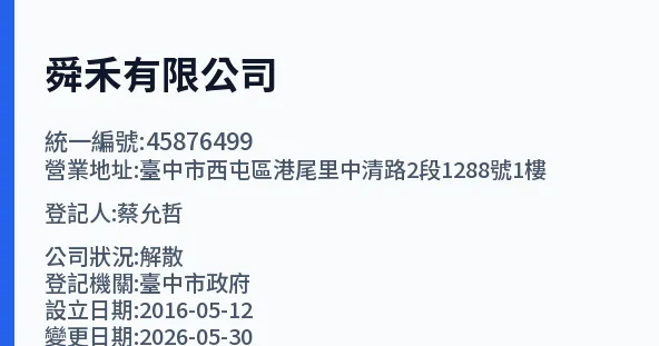 舜禾有限公司的照片-統編 45876499(臺中市) 公司登記資料與營業項目詳細圖表