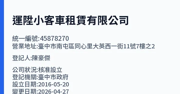 運陞小客車租賃有限公司的照片-統編 45878270(臺中市) 公司登記資料與營業項目詳細圖表