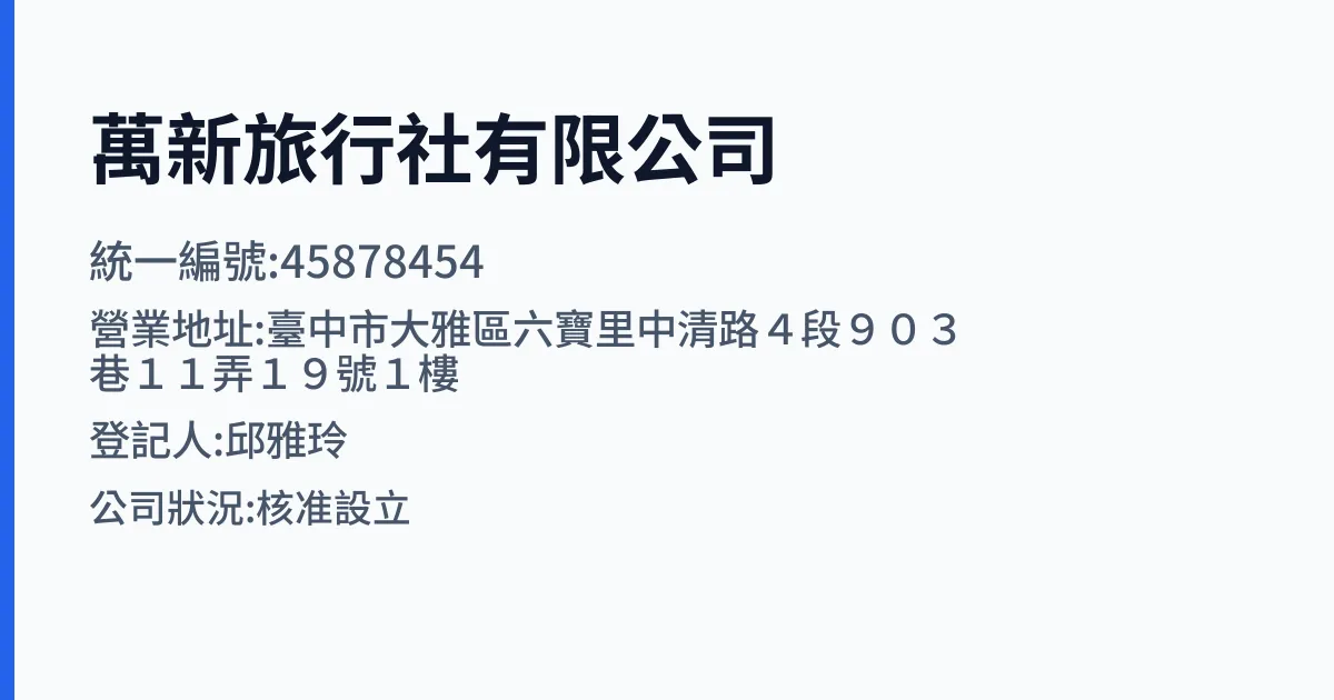 萬新旅行社有限公司 - 統編 45878454(臺中市) 公司登記資料與營業項目詳細圖表