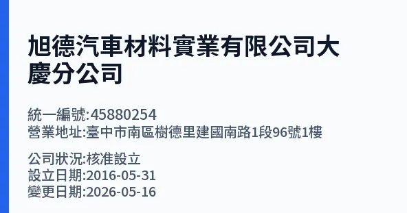 旭德汽車材料實業有限公司大慶分公司的照片-統編 45880254(臺中市) 公司登記資料與營業項目詳細圖表