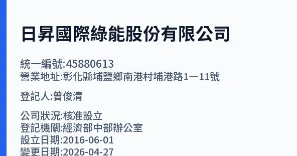 日昇國際綠能股份有限公司的照片-統編 45880613(彰化縣) 公司登記資料與營業項目詳細圖表