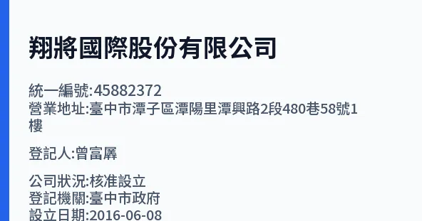 翔將國際股份有限公司的照片-統編 45882372(臺中市) 公司登記資料與營業項目詳細圖表