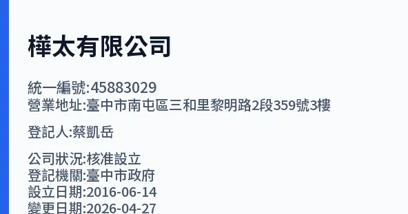 樺太有限公司的照片-統編 45883029(臺中市) 公司登記資料與營業項目詳細圖表