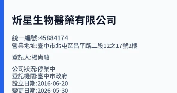 炘星生物醫藥有限公司的照片-統編 45884174(臺中市) 公司登記資料與營業項目詳細圖表