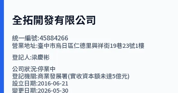 全拓開發有限公司的照片-統編 45884266(臺中市) 公司登記資料與營業項目詳細圖表