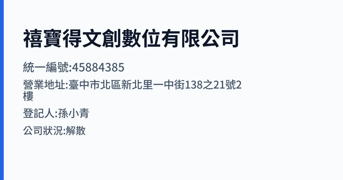 禧寶得文創數位有限公司 - 統編 45884385(臺中市) 公司登記資料與營業項目詳細圖表