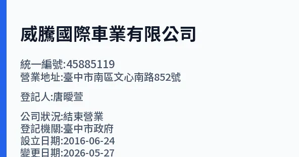 威騰國際車業有限公司的照片-統編 45885119(臺中市) 公司登記資料與營業項目詳細圖表