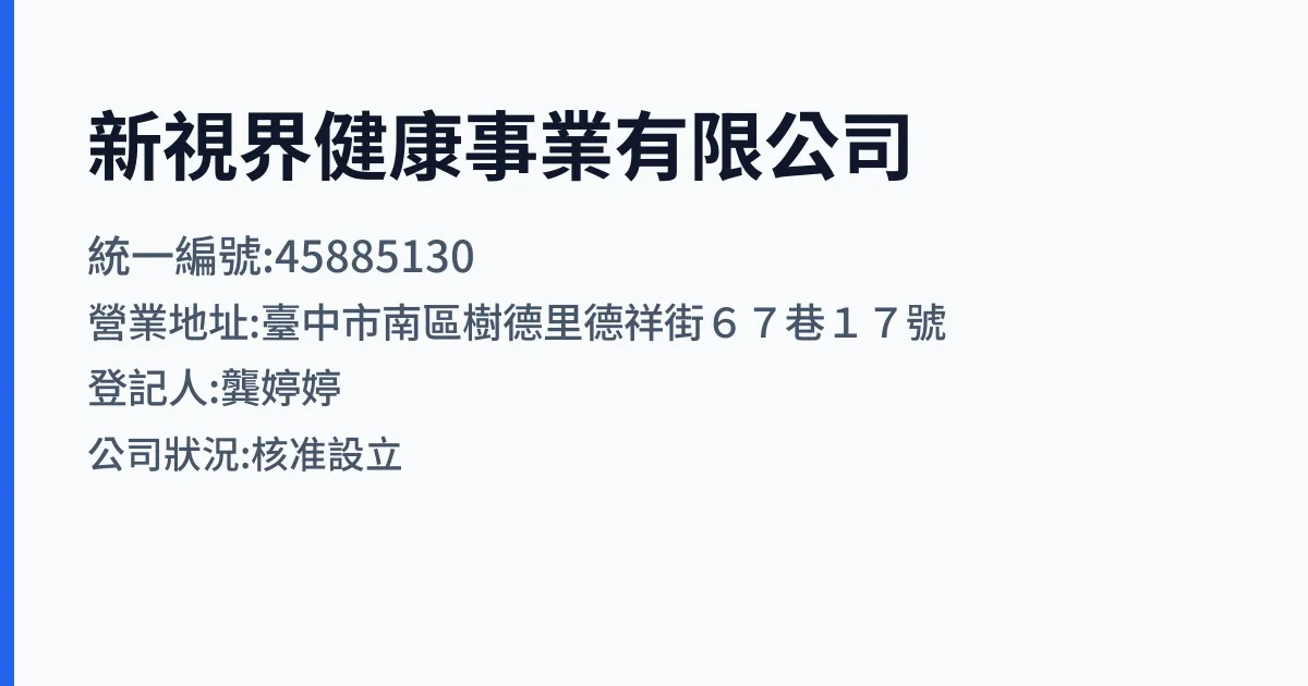 新視界健康事業有限公司 - 統編 45885130(臺中市) 公司登記資料與營業項目詳細圖表