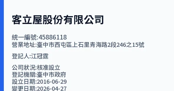 客立屋股份有限公司的照片-統編 45886118(臺中市) 公司登記資料與營業項目詳細圖表
