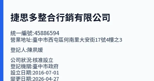 捷思多整合行銷有限公司的照片-統編 45886594(臺中市) 公司登記資料與營業項目詳細圖表