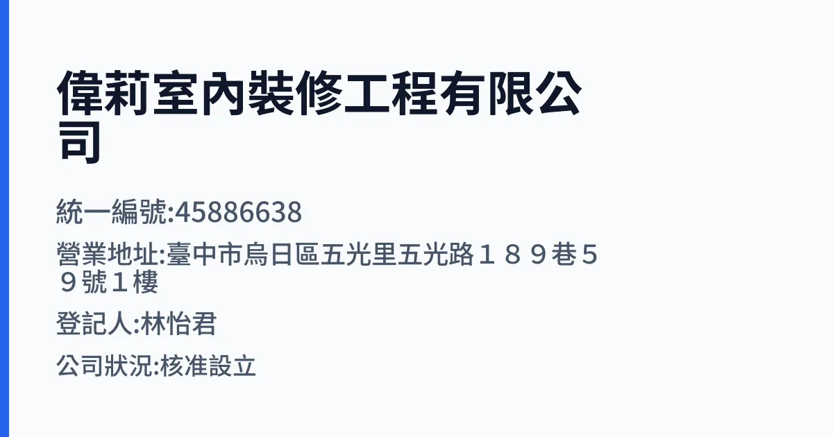偉莉室內裝修工程有限公司 - 統編 45886638(臺中市) 公司登記資料與營業項目詳細圖表